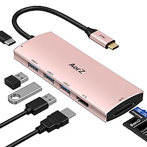 USB C Hub, USB Hub to HDMI Multiport AorZ USB C Dongle Adapter 7 in 1 with HDMI Output,3 USB 3.0 Ports,SD/Micro SD Port,PD Charging Port USB C HUB (Pink)