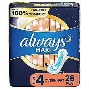 Always Maxi Feminine Pads For Women, Size 4 Overnight Absorbency, Without Wings, Unscented, 28 Count