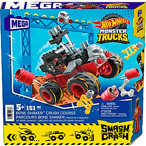 MEGA Hot Wheels Monster Trucks Toy Car Building Set, Smash & Crash Bone Shaker Crush Course with 151 Pieces, 1 Micro Figure Driver, Red, Age 5+ Years