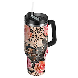 Yasala Car Tumbler with Handle Vintage Leopard Floral Art Travel Mug Coffee Cup Insulated Beverage Container Mega Cup for Hot Cold Drinking Thermos Water Bottle Cupholder Friendly 40 oz
