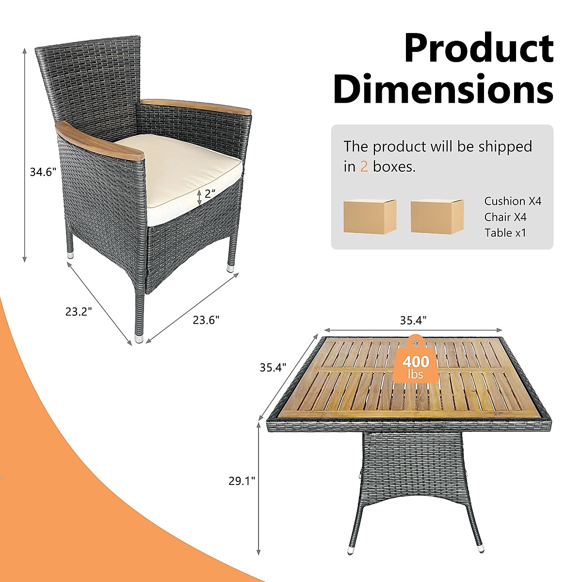 RoyalCraft 5 Piece Patio Wicker Dining Sets for 4, Water-Resistant Rattan Outdoor Dining Table and 4 Chairs with Wood Table Top, Conversation Set for Deck, Garden, Backyard, Removable Cushions, Gray
