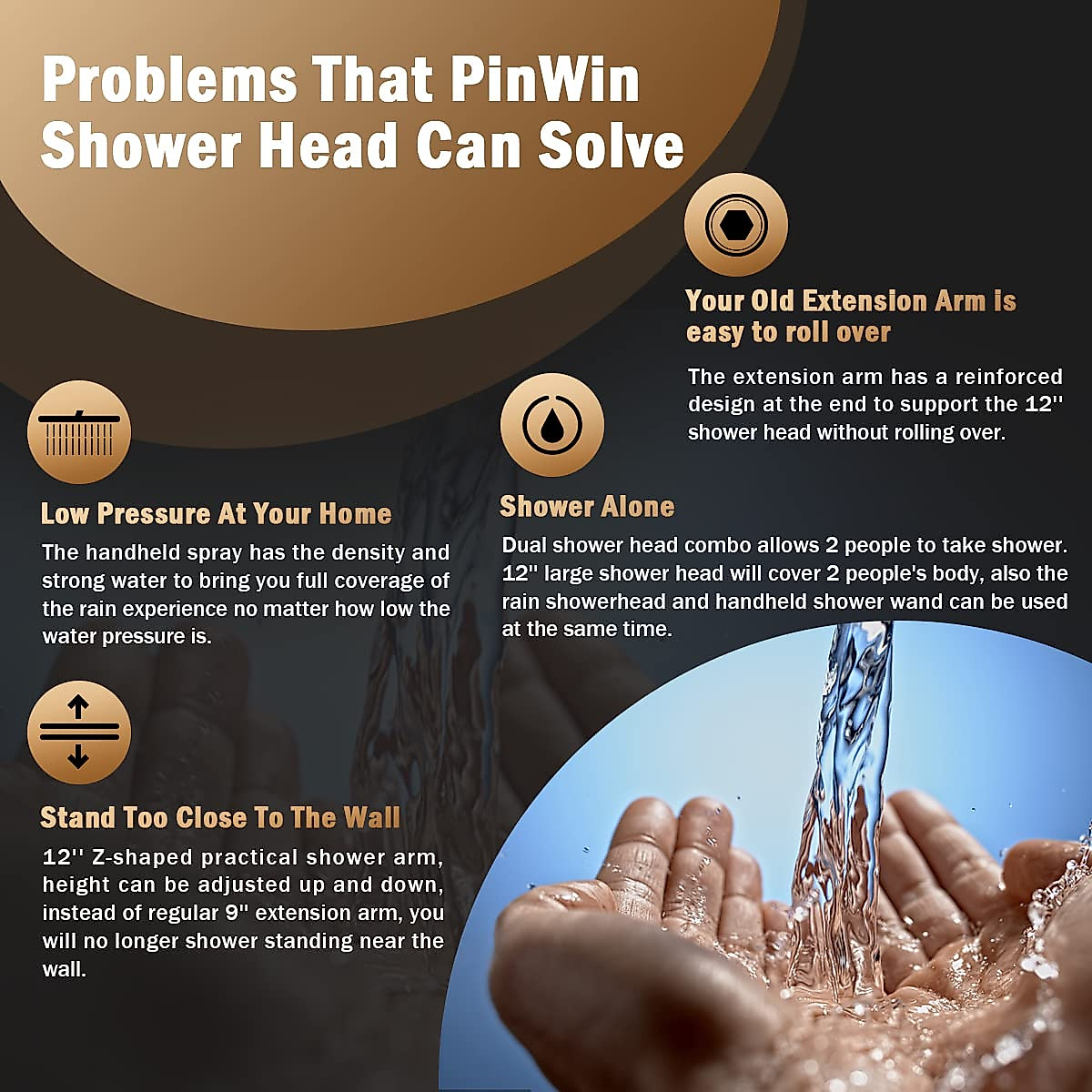 PinWin 12'' Dual Shower Head with Adjustable Extension Arm and 6-Setting Handheld Shower Head Combo, Brushed Gold