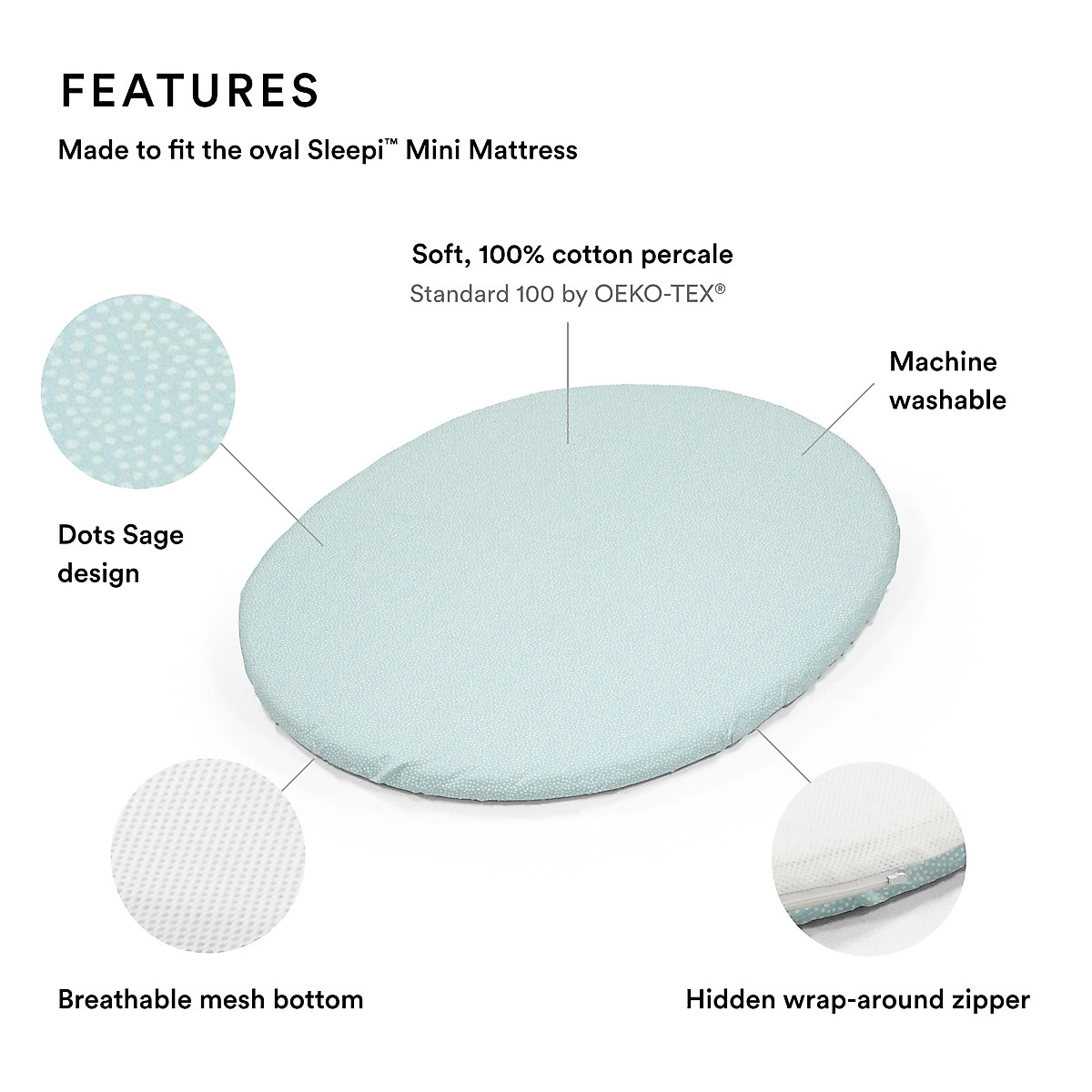 Stokke Sleepi Mini Fitted Sheet, Dots Sage - Soft Sheets for Sweet Dreams - Made for The Oval Sleepi Mini Mattress - Safe, Stylish & Washable - 100% Fine Cotton Percale