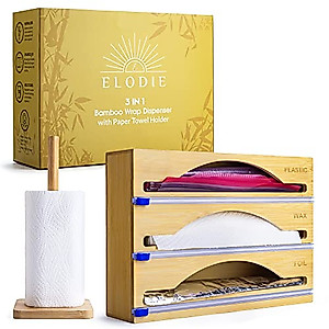 Plastic Wrap Dispenser with Cutter and Paper Towel Holder, 3 in 1 Wax Paper Foil and Plastic Wrap Organizer for Kitchen Drawer, Magnetic Bamboo Wood Parchment Paper Holder for 12” Rolls