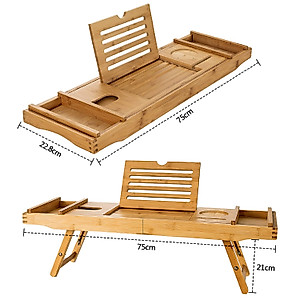 HBlife Bamboo Bathtub Caddy Tray with Extending Sides & Laptop Desk with Foldable Legs,Cellphone Tray and Wineglass Holder，Free Soap Holder (Natural)