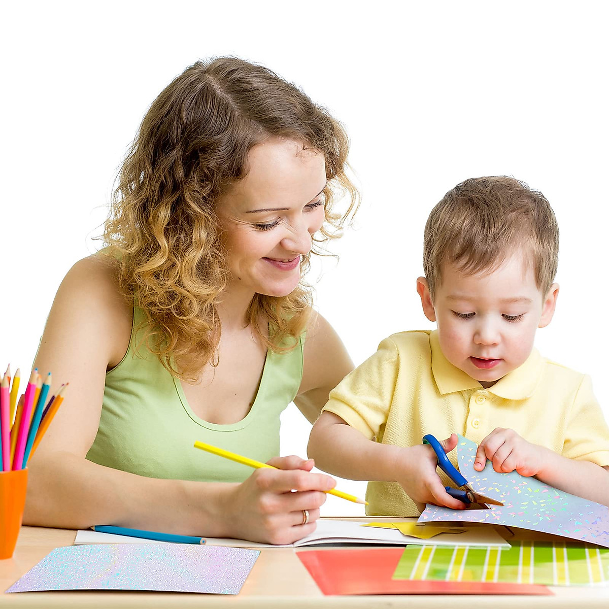 108 Sheets Holographic Sticker Paper Clear A4 Vinyl Sticker Paper Holographic Laminate Sheets Adhesive Holographic Overlay Waterproof Transparent Film with Gem, Colorful, Dot, Star, 11.7 x 8.3 Inch