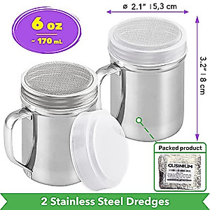CUSINIUM Powdered Sugar Shaker Duster - With Handle - Cinnamon Shaker For Coffee Bar - Fine Mesh Dredge - 6 ounce, pack of 2 | Style: Fine