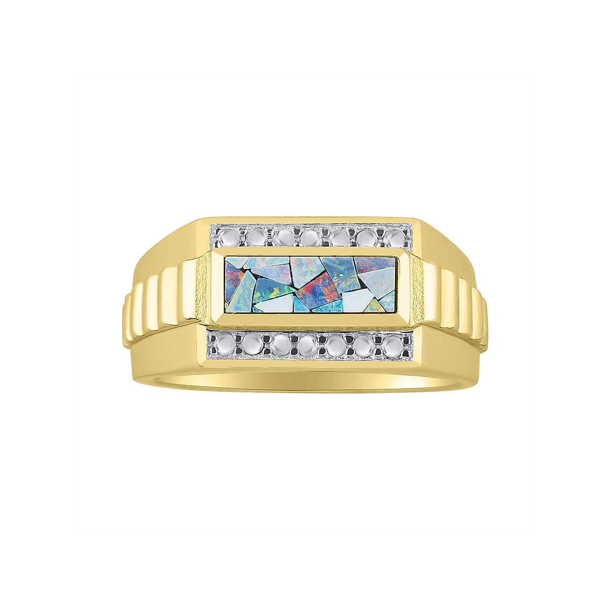 Rylos Exotic Mosaic Opal Designer Style Ring Set in Yellow Gold Plated Silver Size 10