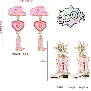 Skyfun 2 Pairs of Cowboy Boot Earrings Western Country Y2K Dangle Earrings Handmade Cute Nashville Cowgirl Pink Earrings for Women Snowflower Jewelry Gift for Women Costume Mother's Day Gifts