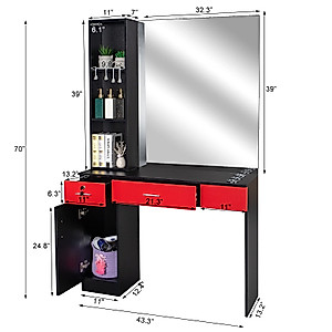 Mefeir Wall Mount Hair Styling Barber Station with Support Leg & Mirror,Hair Salon Equipment, Spa Furniture Set Red & Black