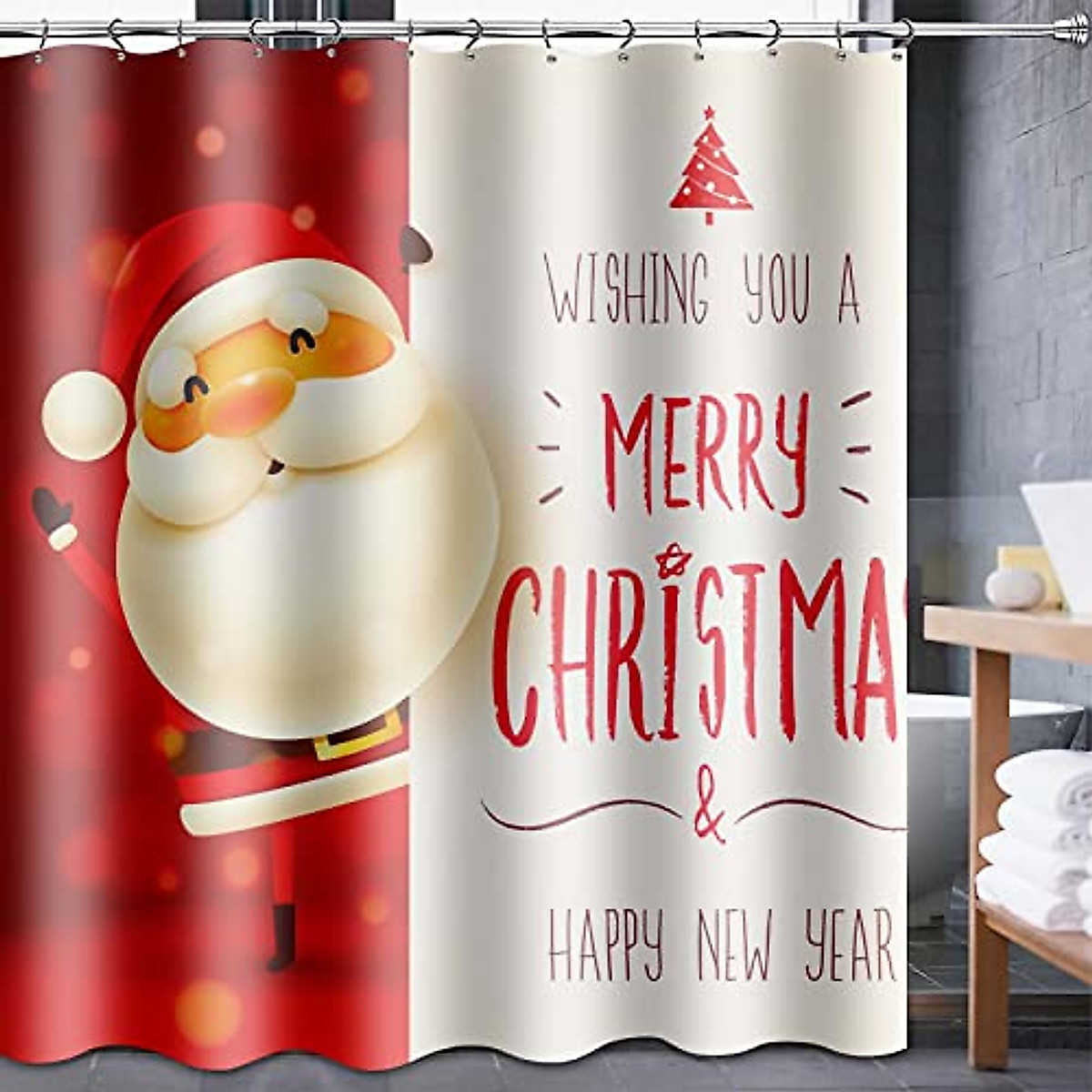 Christmas Shower Curtain Set 4PC with Christmas Shower Curtain with Toilet Lid Cover and Bath Mat, Santa Claus with Big Signboard Christmas Bathroom Set Winter Holiday Home Decor