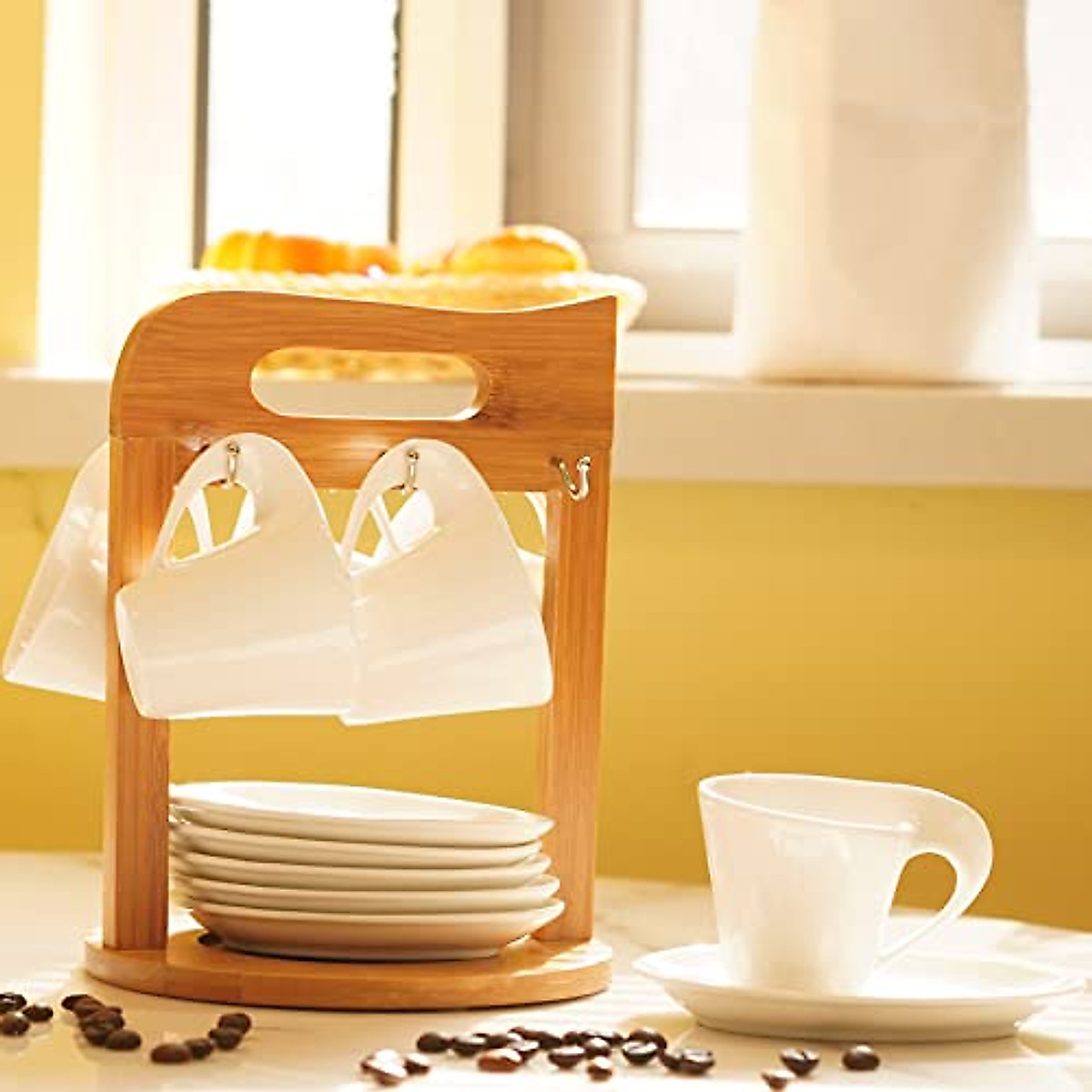 TRSPCWR Espresso Coffee Cup Set of 6, Ceramic Coffee Tea Cup Set 2.5oz with Holder and Saucer Service, Turkish Coffee Cup for Home Office Tea Coffee, White