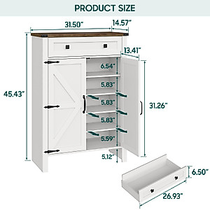 Shoe Storage Cabinet, 5-Tier Farmhouse Shoe Cabinet with Adjustable Shelves & Drawer, Wooden Shoes Rack Cabinet Shoe Storage Organizer with Doors for Entryway, Hallway, Closet, Living Room, White