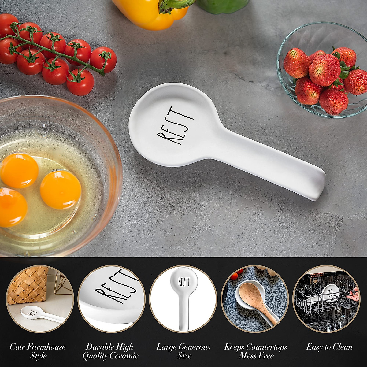 [Set of 2] Farmhouse Spoon Rests for Kitchen Counter by Brighter Barns - Black White Ceramic Spoon Rest for Stove Top - Stove Spoon Holder for Countertop - Coffee Spoon Rest - Farmhouse Kitchen Decor