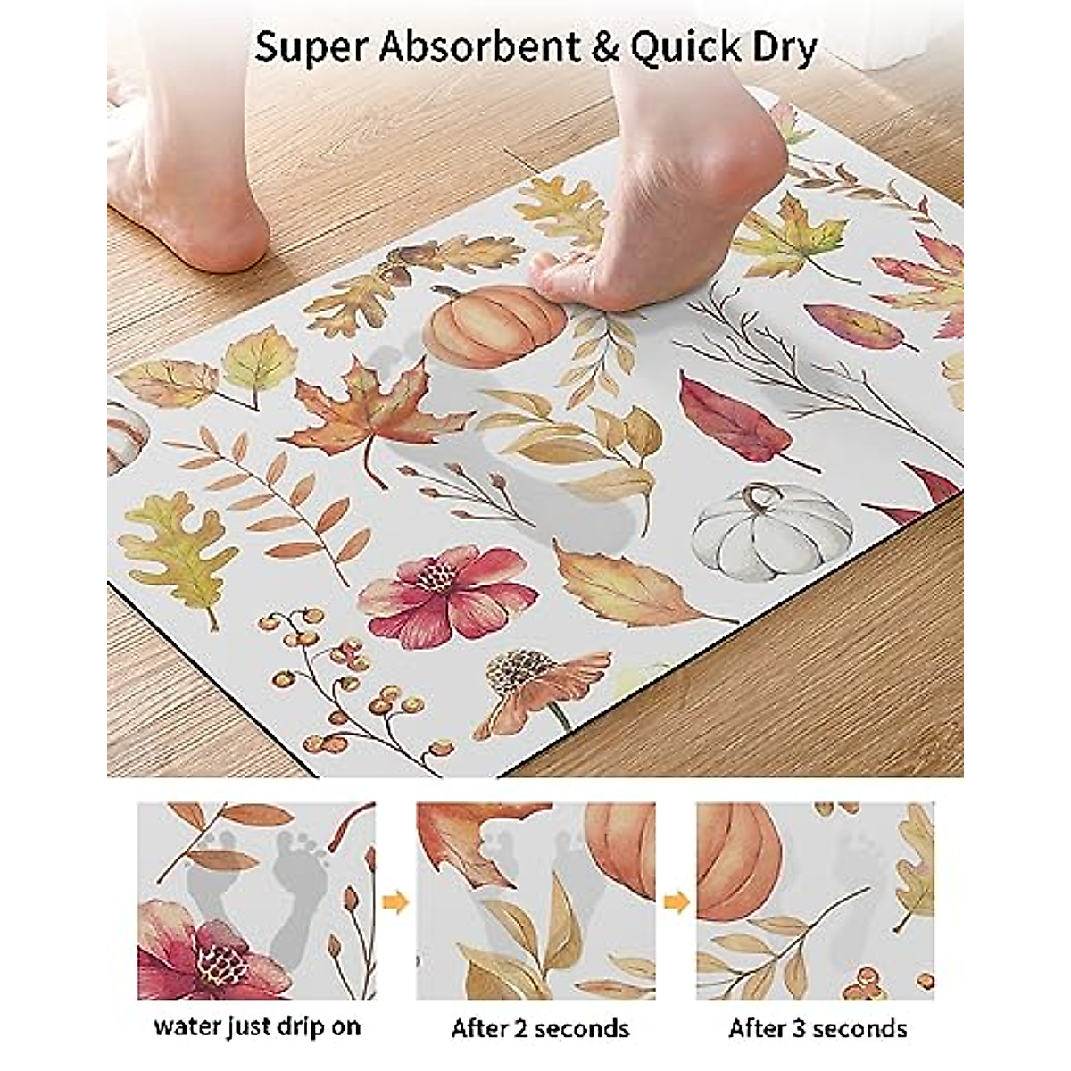 Pumpkin Leaves Bath Mat for Tub,Non Slip Bathroom Floor Runner Rug Quick Dry & Absorbent Diatomaceous Earth Shower Sink Kitchen Living Room Washable Doormat,Retro Fall Wildflower Plant Leaves 16"x24"