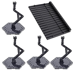 Bioristar HG RG Hobby Action Base Gundam Model Stand Hobby Display Stand Model Pieces Shelves Plastic Rack Organizer (1/144 Scale) (4 pack Black with 1 pack shelf)
