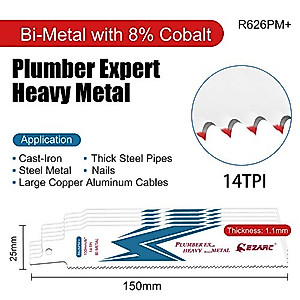 EZARC Reciprocating Saw Blade Bi-Metal Cobalt Sabre Saw Blades for Heavy Metal Cutting 6-Inch 14TPI R626PM+ (5-Pack)