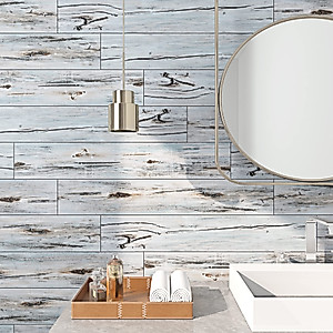 FunStick 6"x36" 30 Pcs Peel and Stick Floor Tile Blue Reclaimed Wood Vinyl Flooring Planks Peel and Stick Wood Planks for Walls Waterproof Removable Sticky Tiles for Bathroom Kitchen Laminate Flooring