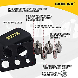 DRILAX Diamond Hole Saw Set 3/4 inch, 1 inch, 1-1/4, 1-1/2, 1-3/4 Inch Extra Long Cuts with Insert Guide Included 5 PCS Diamond Drill Bit Tile Ceramic Porcelain Glass Granite Quartz