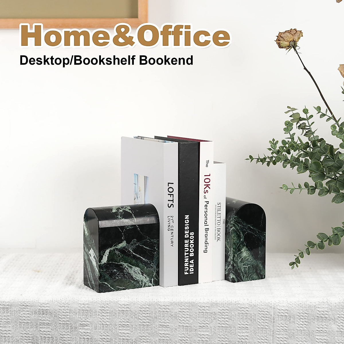 Koville Italian Natural Marble Bookends for Shelves, 13LBS Ultra Non-Skid Book Ends, Heavy Duty Marble Book Holders Organizer, Bookshelf Apartment Decor for Movies/CDs/Video Games(Verde Remeggiato)