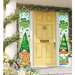 St. Patrick's Day Door Banner-Shamrock Gnomes Porch Signs Irish Happy St. Patrick's Day Party Supplies Green Gnomes Lucky Banner for St. Patrick's Day Outdoor Decorations