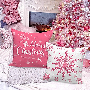 Lanpn White and Pink Christmas Throw Pillow Covers 14x14 Set of 4, 14 inch Decorative Xmas Cushion Covers Pillow Cases 14 x 14 for Home Bedroom Room Holiday Couch Decor Decorations