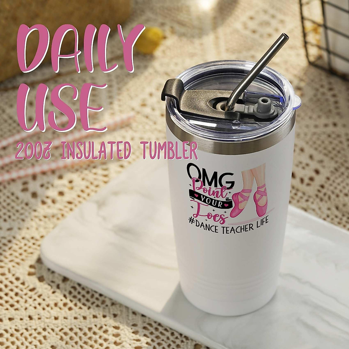 Onebttl Dance Teacher Appreciation Gift - OMG Point Your Toes - 20oz/590ml Stainless Steel Insulated Tumbler for Women, Her (White)