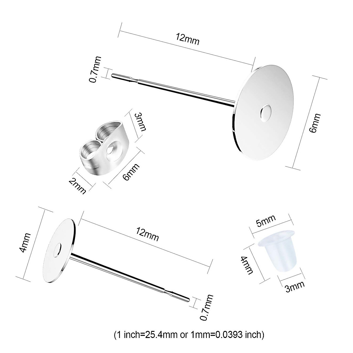 Earring Posts Stainless Steel, 500Pcs Hypoallergenic Flat Pad Earring Studs with Butterfly and Rubber Bullet Earring Backs for Jewelry Making Findings