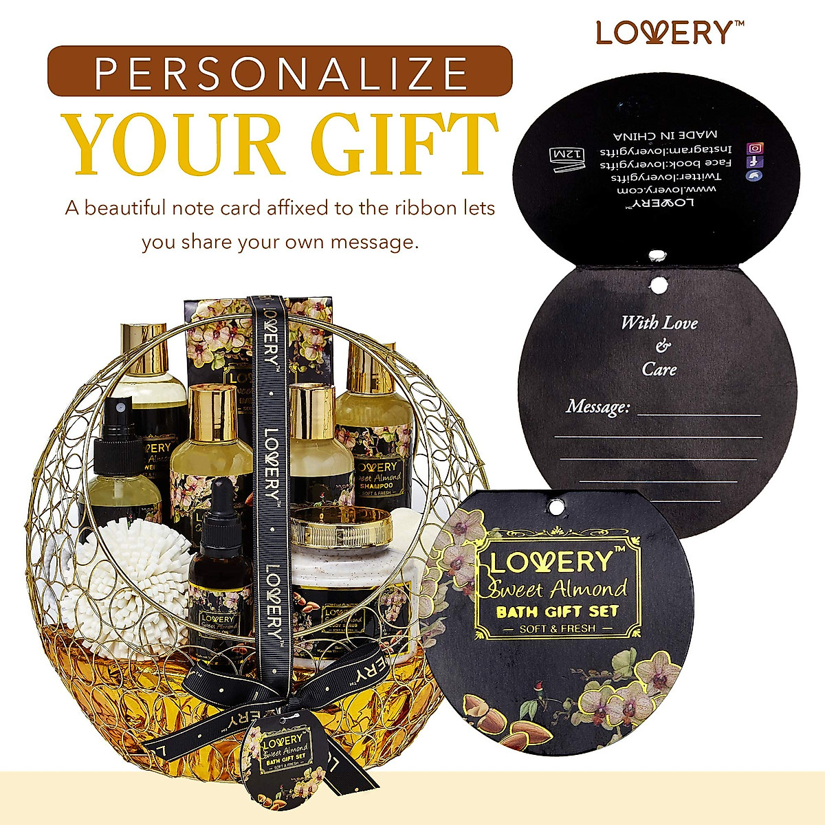 Valentines Gift Basket, Bath and Body Gift Basket For Women and Men – Sweet Almond Home Spa Set with Fragrant Body Lotions, Bath Bombs, Gold Candy Dish & Much More - 11 Piece Set, Care Package for Mom