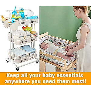 JOLEAD Baby Diaper Caddy Organizer Cart Movable, 3-Tier Sturdy Newborn Nursery Essentials Storage Cart for Changing Tables, with Mesh Baskets Hanging Cups and Sticker, Easy to Assemble