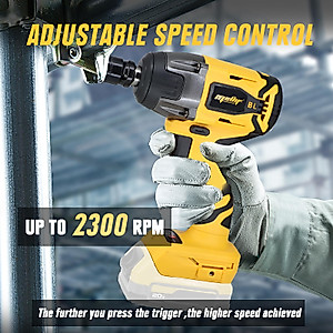 WITLIGHT Cordless Impact Wrench, Compatible w/ 20V Max Battery (NOT Included), Mellif 1/2" High Torque (258Ft.lbs/350N.m) Brushless Impact Driver 3 Speeds & Memory Mode & LED light, Yellow