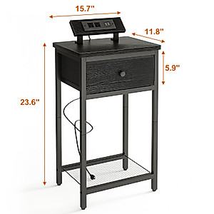 Fixwal Black Nightstands Set of 2 with Charging Station, Night Stand End Table with USB Ports & Outlets, Bedside Table with Fabric Drawer for Room, Bedroom