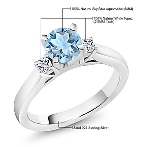 Gem Stone King 925 Sterling Silver Sky Blue Aquamarine and White Topaz 3-Stone Engagement Ring For Women (0.92 Cttw, Round 6MM, Gemstone March Birthstone, Size 7)