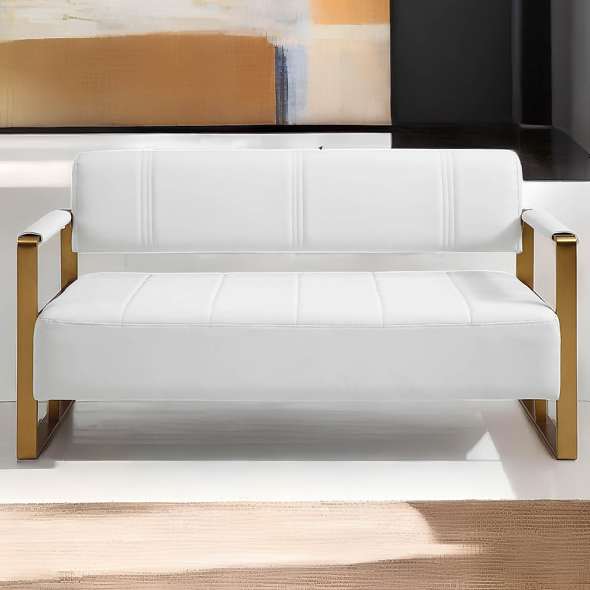 RIDFY Mid-Century Modern Faux Leather Loveseat Sofa with Golden Metal Arms, 2 Seat Leather Futon Couch Armchair for Small Spaces, Living Room, Office, Apartment (White)