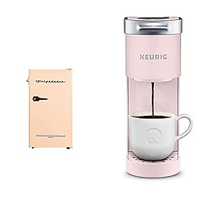 Frigidaire EFR376-CORAL Retro Bar Fridge Refrigerator with Side Bottle Opener, 3.2 cu. Ft, Coral & Keurig K-Mini Coffee Maker, Single Serve K-Cup Pod Coffee Brewer, 6 to 12 oz. Brew Sizes, Dusty Rose
