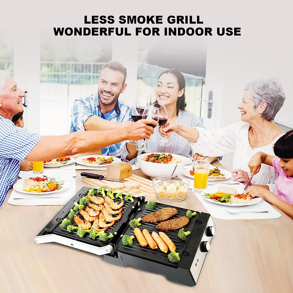 FELAYZA Smokeless Indoor Electric Grill & Panini Press, 8-Serving, Nonstick Removable Plate, Temp & Time Adjustable, Indoor Table Aluminum Grill with Removable Drip Tray for BBQ, Sandwich, Pancake etc