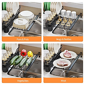 Urackify Extendable Dish Drying Rack, 2-Tier Dish Rack for Kitchen Counter, Large Expandable Dish Drainer Over Sink, 3 in 1 Multifunction Dish Strainer with Drainboard & Cups Holder, Black