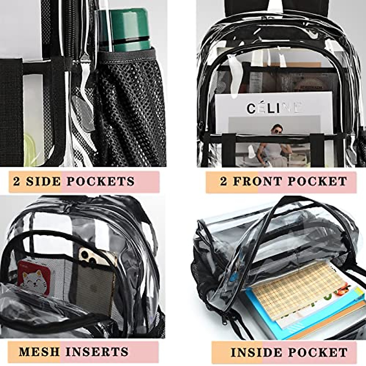 KUI WAN Clear Backpack, Large Clear Bag Stadium Approved Heavy Duty PVC Transparent See Through Backpacks for College,Stadium,Work,Security,Festival,Black