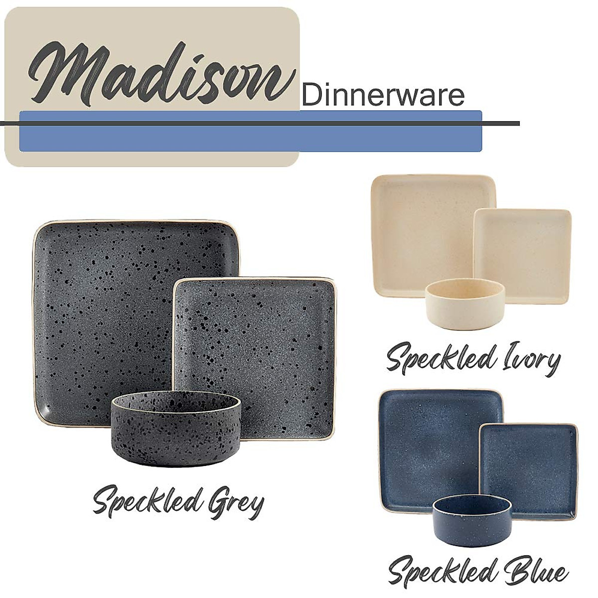 Tabletops Gallery Madison Fashion Dinnerware Collection- Square Contemporary Modern Reactive Glaze Dinner Salad Plate Bowl 4 Place Setting, 12 Piece Madison Dinnerware set in Speckled Grey