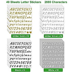 Alphabet Letter Stickers, 40 Sheets 2880PCS Alphabet and Number Stickers Self Adhesive Vinyl Letter Number Stickers Decoration for Mailbox Wall Door Crafts Address Number (Black, White, Gold, Silver)