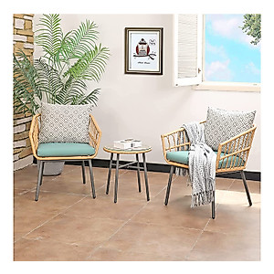 SWISH WEAVERS 3 Piece Patio Bistro Set Outdoor Furniture All-Weather Wicker Conversation Set with Tempered Coffee Table and Wicker Chairs for Garden Balcony Backyard Yard Poolside (Green)