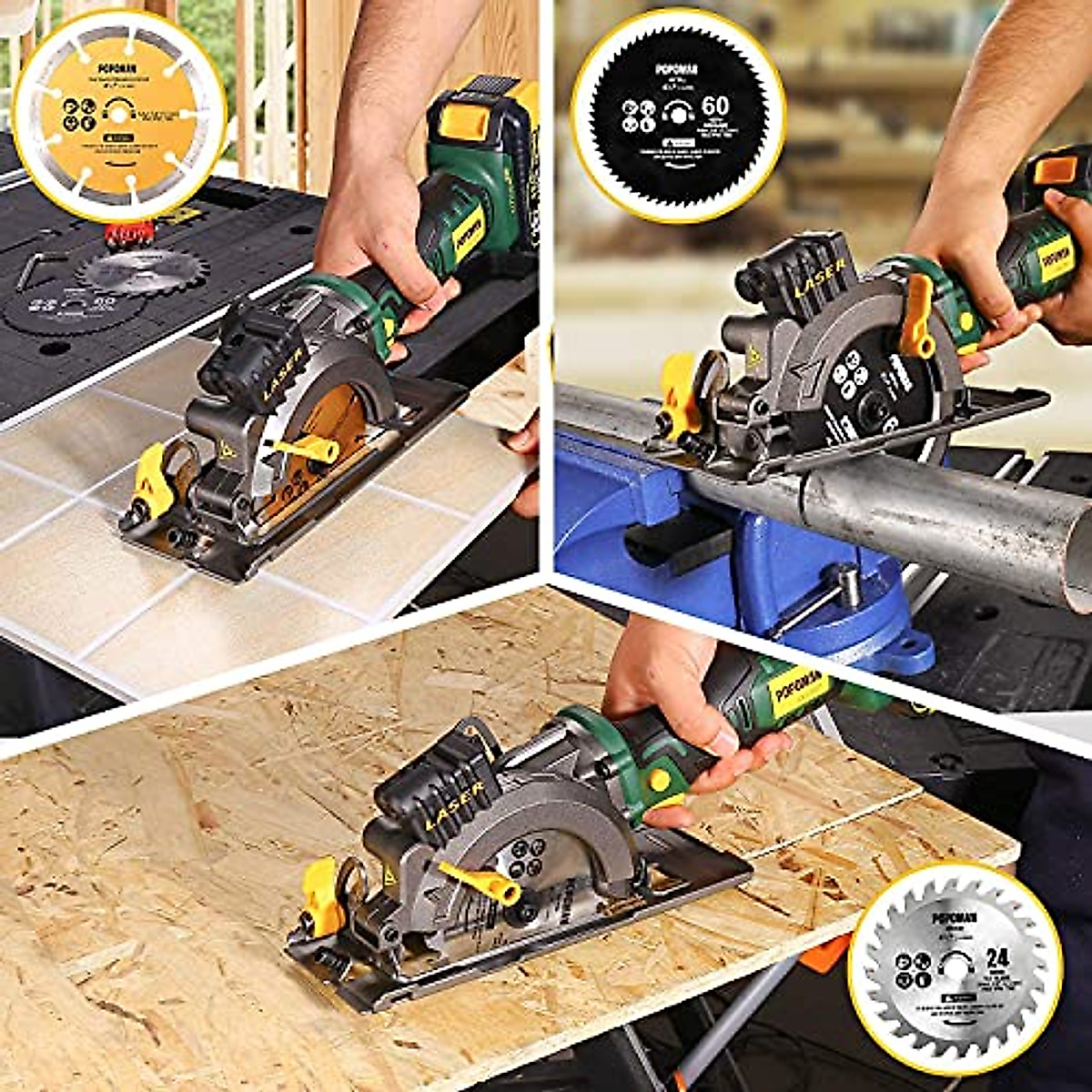 TECCPO Cordless Circular Saw 4-1/2", with 20V 4.0Ah Battery & Fast Charger, 4500RPM, 3 Blades + POPOMAN Cordless Circular Saw 6-1/2", with 20V 4.0Ah Battery & Fast Charger, 4300RPM, 2 Blades