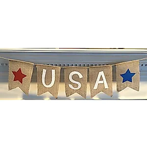 USA Burlap Patriotic Banner Bunting - 4th of July Party Decoration - Memorial Day Burlap Celebration Supplies - Honor Military Veterans Day Garland by Jolly Jon