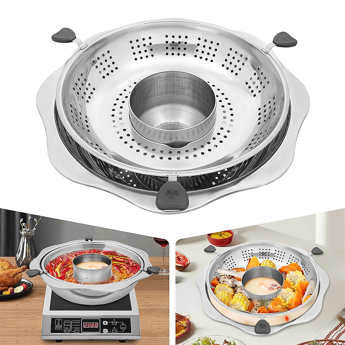 Leblett Stainless Steel Shabu Shabu Hot Pot And Filter Grid Combo,14“ Inner Dia Large Lifting Hot Pot W/Lifting Strainer,Fit Induction Cooktop Gas Stove Ceramic Stove,for 8-12 Persons(w/Small Pot,A)
