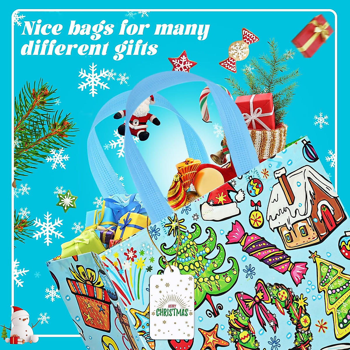 WLUSEAXI 12 Pack Large Christmas Gift Bags with 24 Christmas Gift Tags,Reusable Christmas Tote Bags with Handles,12.6"x9.8"x6.7" Christmas Bags for Gifts Wrapping for Xmas Holiday Party Favor