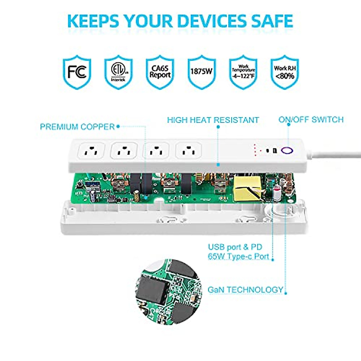 USB C Power Strips 65W, 4 Wide Outlets Power Bar, 5Ft Braided Extension Cord Flat Plug, Overload Surge Protection, Desk Charging Station for Office Home