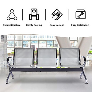 kinbor Waiting Room Chairs - Silver Reception Chairs, Waiting Room Bench for Clinic, 3 Seat Office Guest Chairs, Lobby Furniture for Hospital, Salon, Bank, Airport