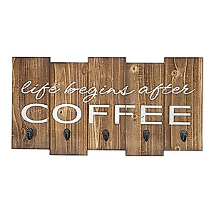 Barnyard Designs ‘Life Begins After Coffee’ Hanging Mug Holder, Wall Mounted Coffee Cup Organizer Rack, Rustic Farmhouse Wood Wall Decor Sign, For Kitchen, Coffee Bar or Cafe, Gray and White, 25” x 13