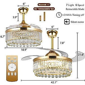 FINE MAKER 42" Ceiling Fan with Bluetooth Speaker,7 LED Colors Reversible 6 Fan Speeds Remote Control, Crystal Chandelier Ceiling Fan,Retractable Blades Fandelier Lighting Fixture fan for bedroom Gold