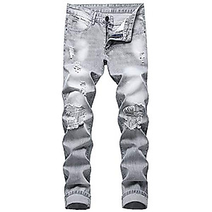 LZLER Mens Ripped Jeans,Distressed Destroyed Slim Fit Straight Leg Denim Pant with Holes(Light Grey 870,36)